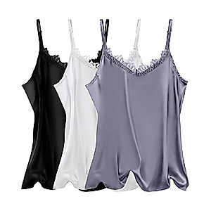 Neer 3 Pack Women's Satin Tank Tops, Lace Trim Silk Camisole V Neck Spaghetti Strap Top Loose Sleeveless Blouses Cami Shirt (White, Black, Gray, XX-Large)