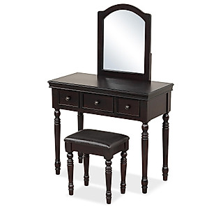CHARMAID Makeup Vanity Desk with Mirror and Stool, 34'' Wide Vanity Table Set with Large Mirror, 3 Drawers, Cushioned Stool, Solid Wood Legs, Bedroom Dressing Table, Gift Idea (Espresso)