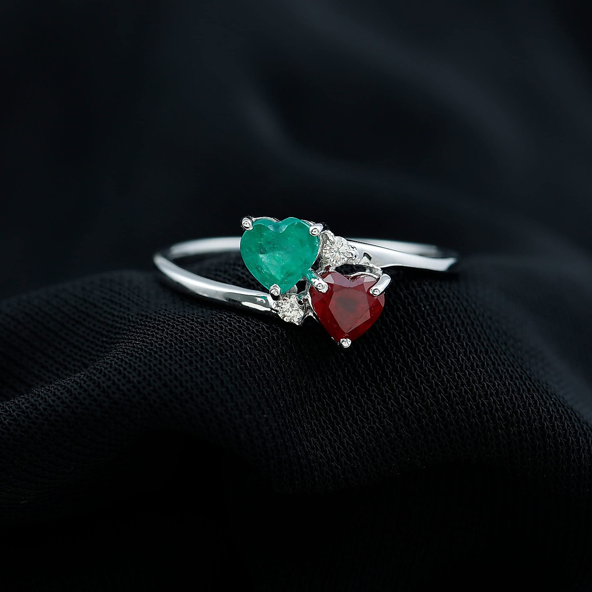 Natural Ruby Emerald Ring, Toi Et Moi Heart Promise Ring, Certified 2 Stone Pre Engagement Ring For Women, 14K White Gold, Size:US 8.00