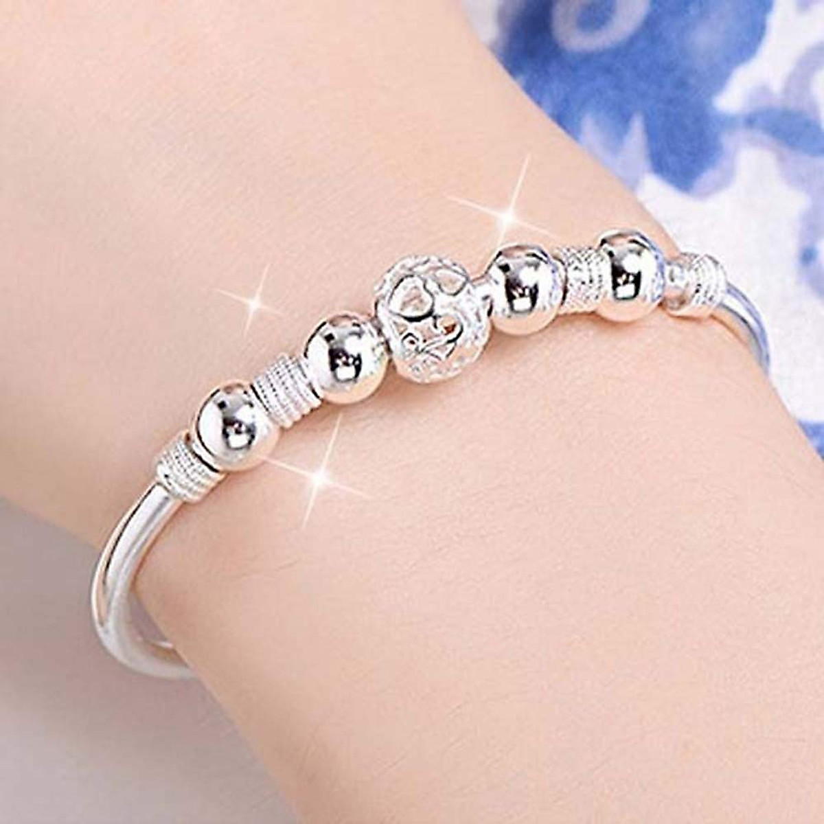BONYOUN smallwoodi Bangle Bracelet, Hollow Bead Charm Bracelet Bangle Fashion Women Adjustable Party Women's 925 Sterling Similar Silver beads Jewelry for Men for Women Silver