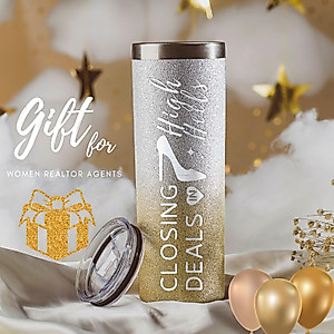 Onebttl Realtor Gifts for Women, Clossing Deals In High Heels, Funny Gifts for Real Estate Agent, Salesman, Boss, Coworkers, Employees, 20 Oz Stainless Steel Tumbler, Glitter Gold