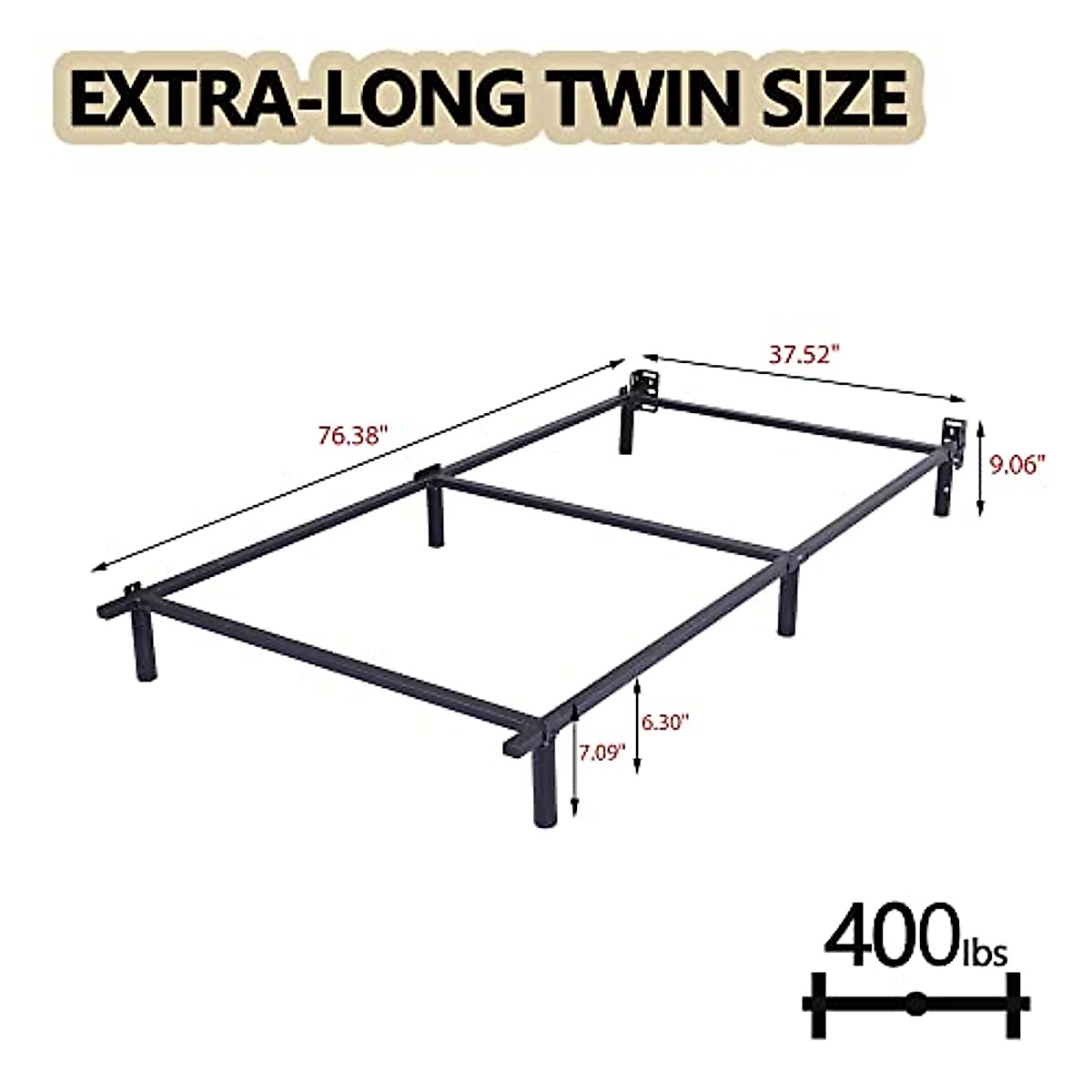 NNV Twin XL Bed Frame 7 Inch Metal Platform Bed Frame Base for Box Spring and Mattress 6-Legs Support Noise-Free Non-Slip Easy Assembly Black