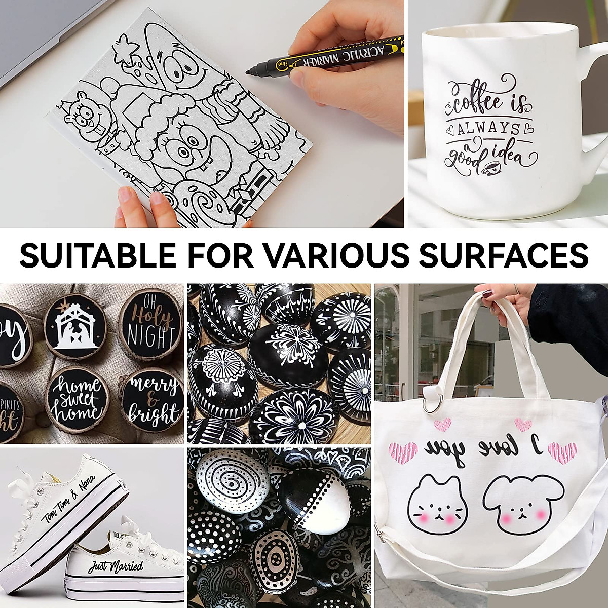 Tesquio Black Paint Marker, 8 Pack Dual Tip Acrylic Paint Pens, Ideal for Wood, Rock Painting, Canvas, Stone, Glass, Ceramic