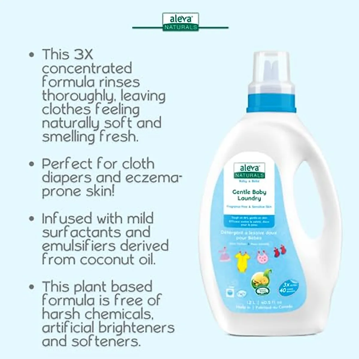 Aleva Naturals Gentle Baby Laundry, Effective Plant based Formula, Laundry Liquid, Fragrance Free, Tough on Stains and Dirt, Sensitive Skin friendly (40 Loads) - 40 fl. oz, 1.2 L