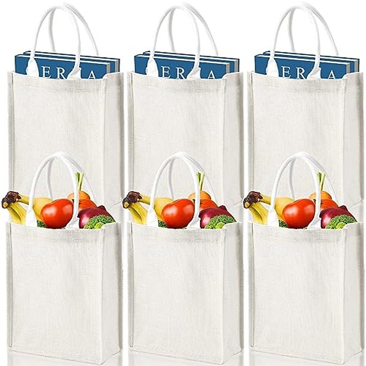 DEAYOU 6 Pack Jute Burlap Tote Bag, Burlap Gift Bag with Handle, Jute Beach Tote Laminated Interior, Reusable Lined Grocery Shopping Bag for Bridesmaid, DIY, Wedding,9.8''x11.8''x3.9'', White