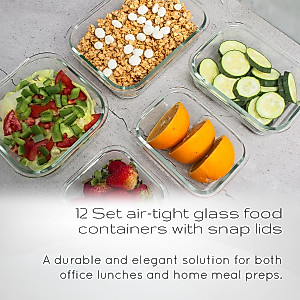 Ceybo 12 Set Air-Tight Glass Food Storage Containers with Snap Lids, Microwave-Safe, for Lunch, Meal Prep and Leftovers (Blue)