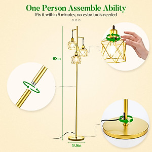 Decorative Gold Floor Lamp,3-Light Farmhouse Floor Lamps for Living Room with Smooth Dimmable ( Adjust Brightness Nightlight ), Modern Style Standing Tall Lamp of Diamond Cage - Bulb Included