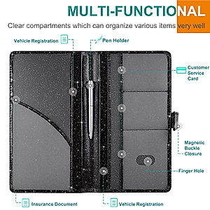 RSAquar unisex Car Registration and Insurance Holder, Vehicle Glove Box Organizer Cool Car Accessories, Car Document Holder for Cards, Driver License and Essential Document, Black Glitter