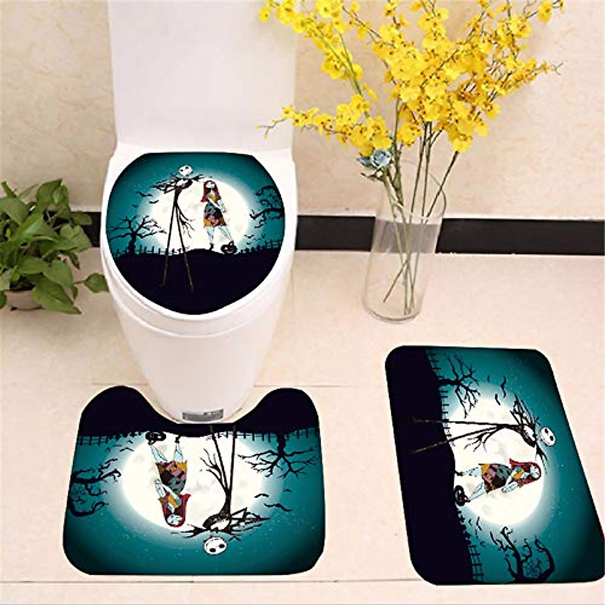 TAWOAO 4 Pcs Jack Skellington Shower Curtain Set with Non-Slip Rugs,Toilet Lid Cover and Bath Mat,Nightmare Before Christmas Shower Curtain with 12 Hooks