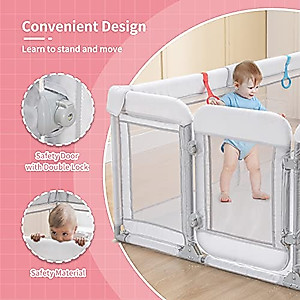 Baby Playpen, 71''x71'' Extra Large Playpens for Babies and Toddlers, Baby Fence with Sturdy Swing Door of Double Lock System, Safety Baby Play Yard with Soft Breathable Mesh (71''x 71''x 27'') Grey