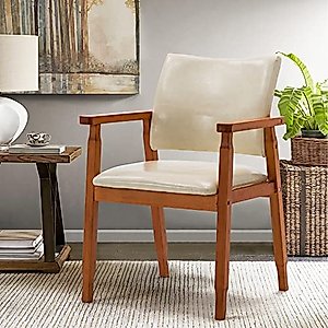 NOB Mid-Century Dining Side Chair with Faux Leather Seat in Beige, handrail Chair