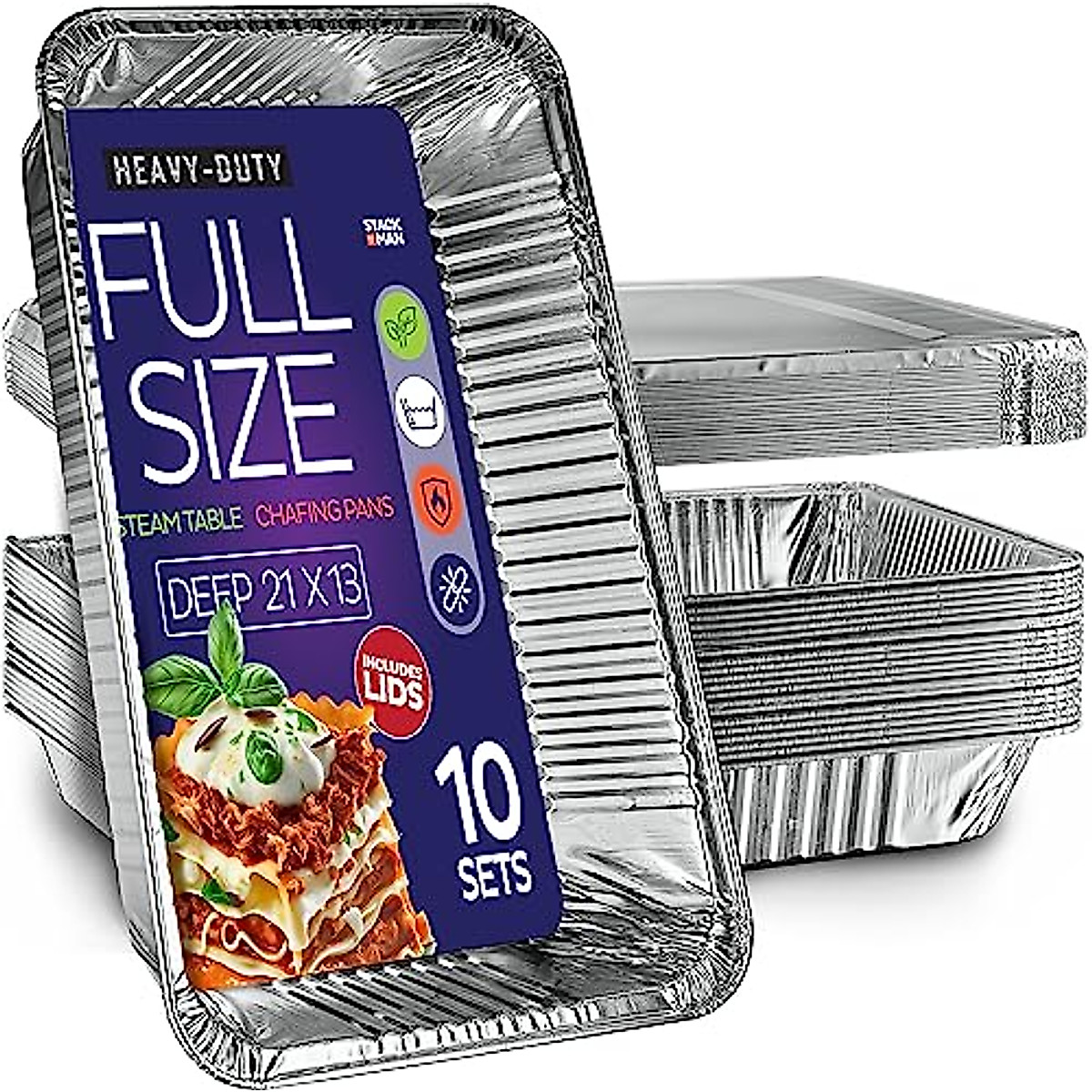 10-Pack Large Aluminum Steam Pans with Lids - 21x13, Heavy Duty for Roasting, Cooking, Warming Food,Silver