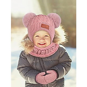 Cooraby 3 Pieces Toddler Winter Knitted Hat Scarf Gloves Set Knit Fleece Lined Thermal Set for Boys Girls, Coral