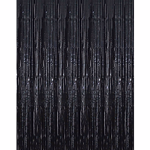 GOER 3.2 ft x 9.8 ft Black Photo Backdrop Party Streamers for Halloween,Birthday Party,1 Pack Black Metallic Tinsel Foil Fringe Curtains Party Decorations Wedding Decor