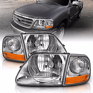 AmeriLite Replacement Crystal Halogen Car Headlights with Corner Parking Set For Ford F150 F-150 Harley Lighting - Driver and Passenger, Vehicle Light Assembly, Chrome