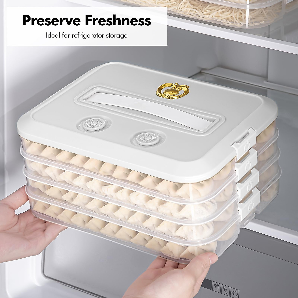 Lunhoo 4 Layer Dumpling Box, Food Storage Containers with Lid and Handle, Stackable Biscuit Storage Box for Kitchen and Fridge (White Lid)
