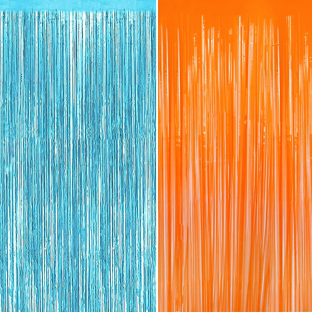 MIKIMIQI 2 Pack Blue Orange Foil Metallic Fringe Curtains for Party Decorations Blue Orange Curtain Backdrop Streamer for Birthday Party Dart War Party Supplies Party Decors, 3.25ft x 6.5ft x 2pcs