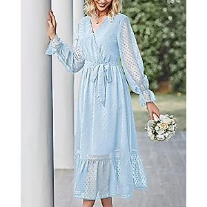 BTFBM Women's Casual Party Summer Fall Dresses 2023 Long Sleeve Wrap V Neck Swiss Dot Swing A-Line Maxi Dress with Belt(Swiss Dot Light Blue, Small)