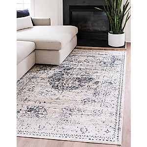 Unique Loom Chateau Collection High-Low Pile, Vintage, Traditional, Distressed, Medallion Area Rug (5' 0 x 8' 0 Rectangular, Beige/Navy Blue)