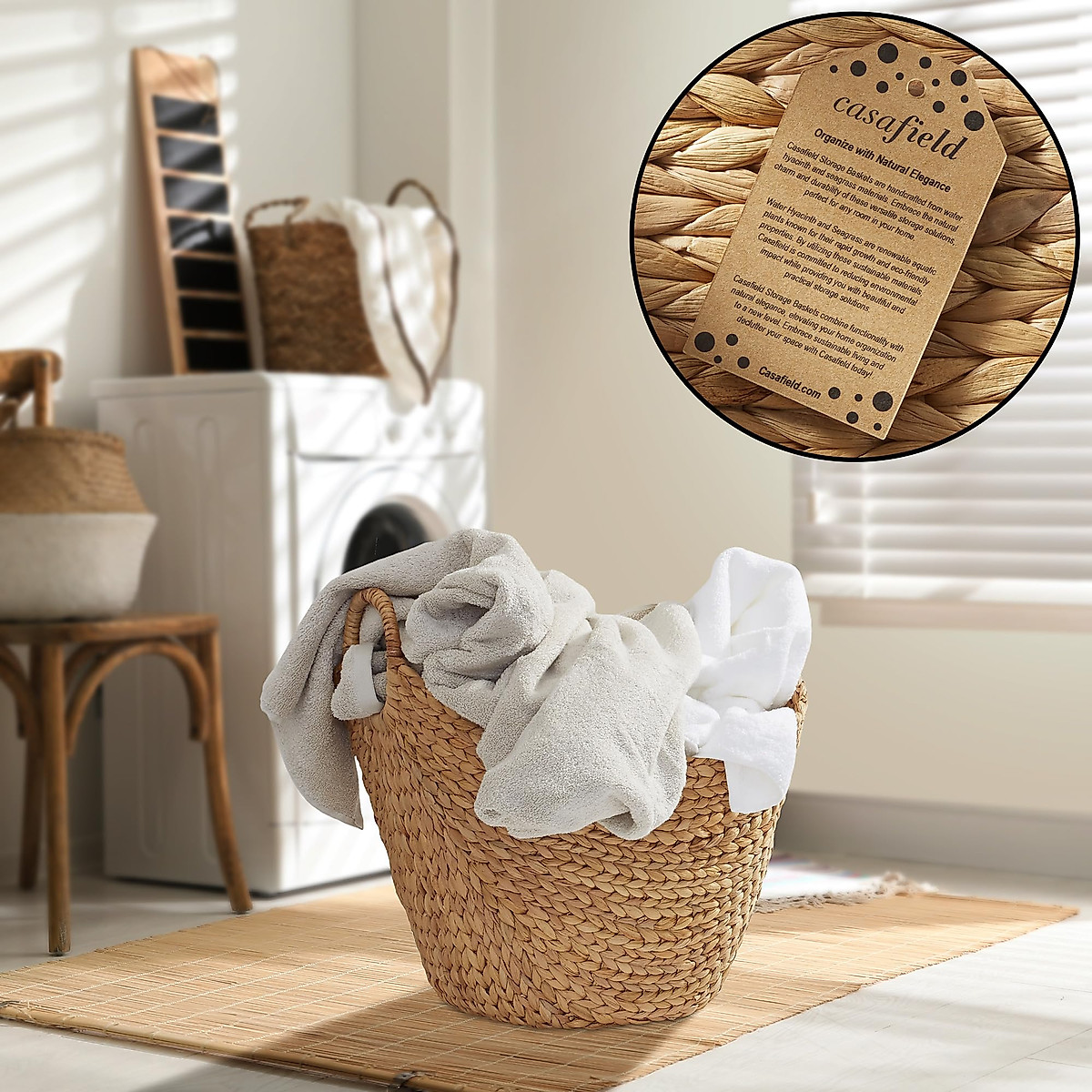 Casafield Large Laundry Boat Basket with Handles - Natural, Woven Water Hyacinth Multipurpose Storage Organizer for Throw Blankets, Bathroom, Bedroom, Living Room