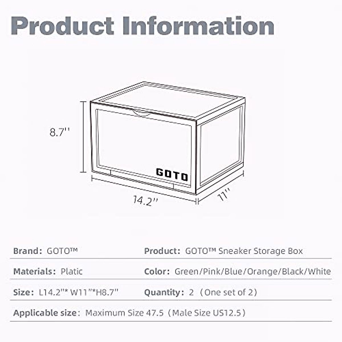 GOTO 2 Packs of Macaron Shoe Storage Boxes, Clear Plastic Side Opening Shoe Box, Stackable Shoe Organizer, Multi-function Storage Box, Sneaker Display Case Fit Up To US Male Size 13 (BLUE)