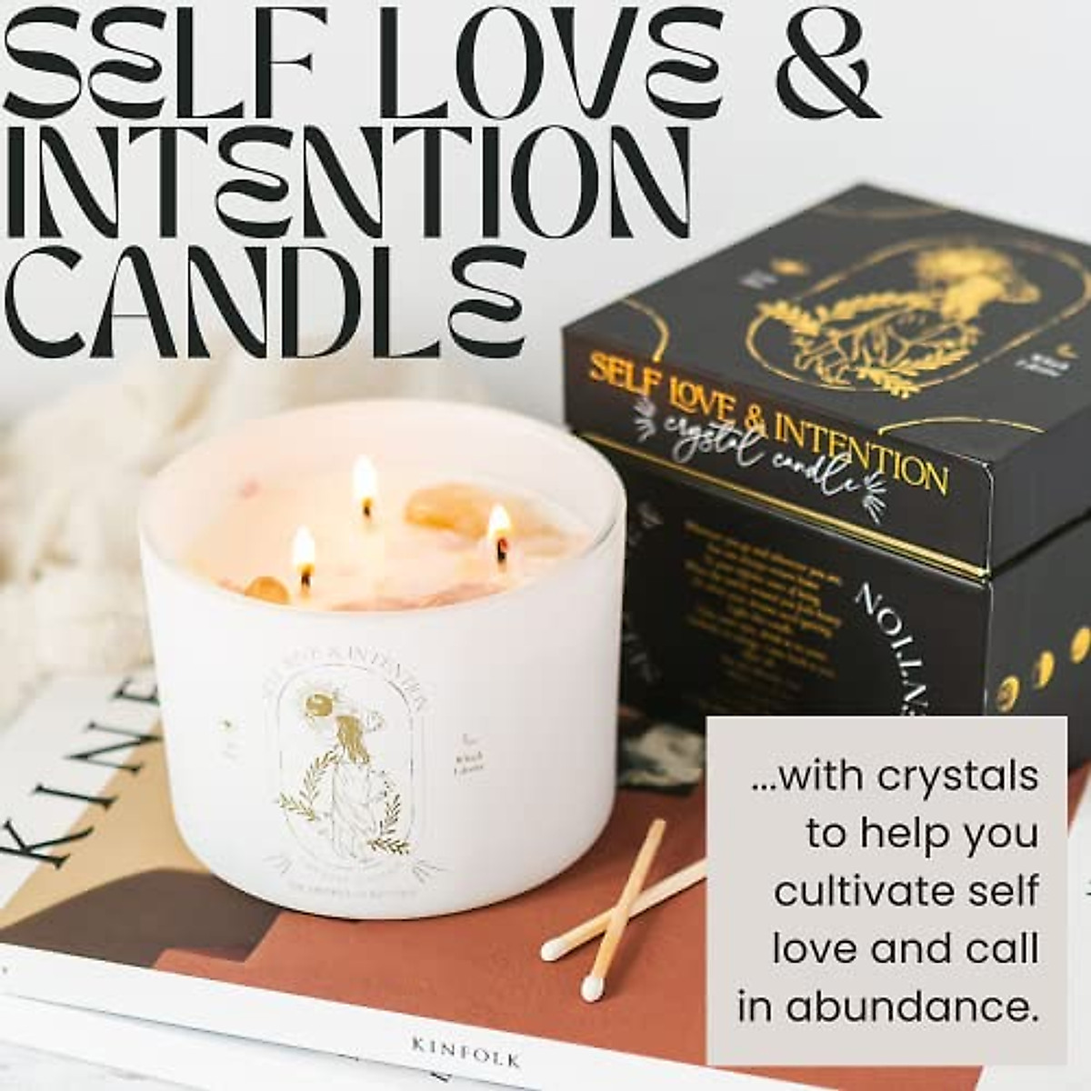 Healing Crystal Candle - 12oz Soy Candle with Crystals Inside. Manifestation Aromatherapy Candle, Spiritual Gifts for Women. Crystals and Healing Stones, Self Love Three Wick Zodiac Astrology Candles