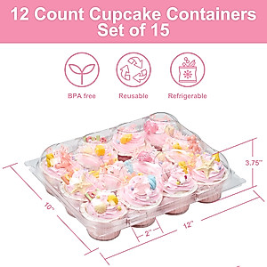 BORPEIN Cupcake Containers 12 Count Standard(12 count x 15 sets) Sturdy Strong Cupcake Boxes for 12 Cupcakes, Disposable Cupcake Carrier Holders, Clear Plastic Containers with Detachable Lid