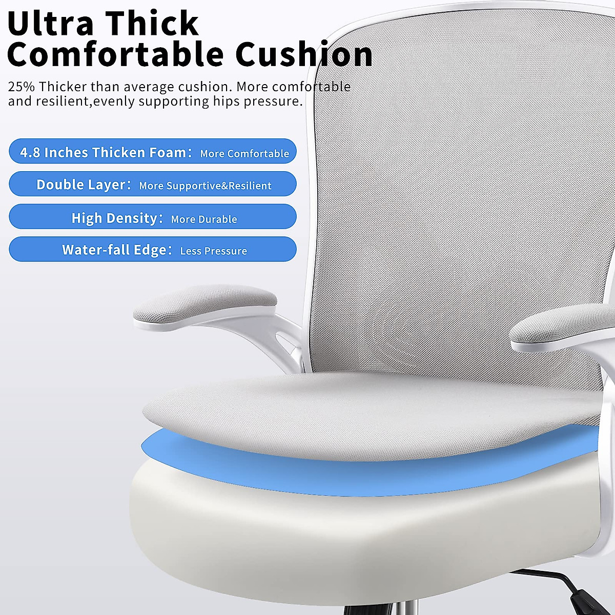 Office Chair, High Back Ergonomic Desk Chair, Thicken Large Seat, Adjustable Headrest and Lumbar Support, Comfy Computer Chair with Padded Flip-up Armrests, Swivel Task Chair, Tilt Function (Grey)