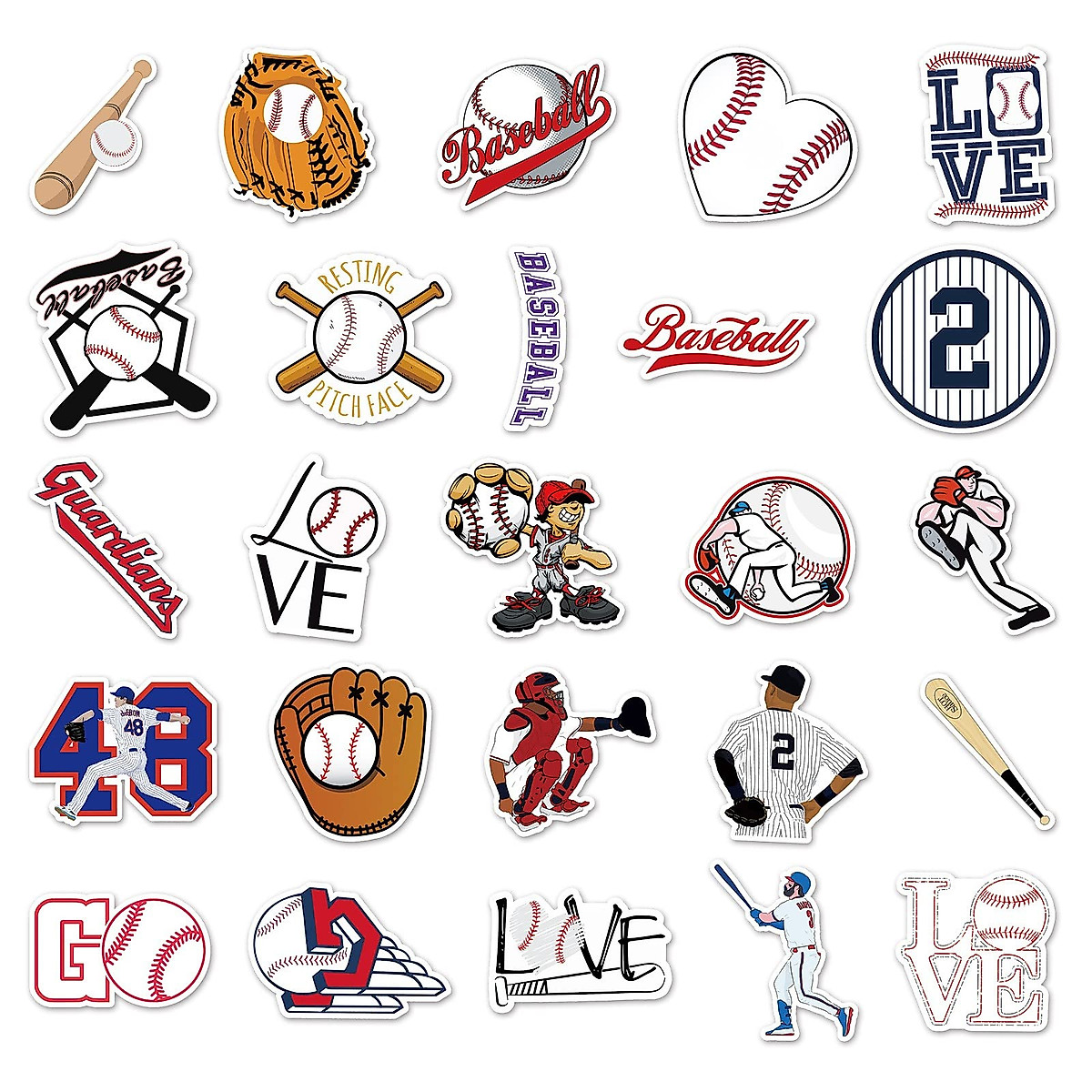 JOICEE 50pcs Baseball Stickers，Waterproof Vinyl Baseball Tattoos for Kids Teens Boys Adults, Sports Decals for Snowboard Laptop Water Bottles Hydro Flasks Phone Guitar Skateboard Computer