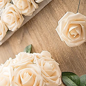 Higfra Artificial Flowers 25pcs Real Looking Fake Roses with Stems for DIY Wedding Bouquets Baby Shower (Champagne)