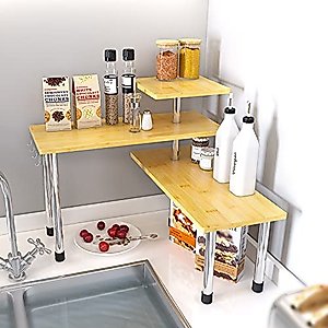 Kitchen Countertop Organizer Bathroom Shelves, 3 Tier Over the Sink Shelf, Kitchen Organization Storage Bamboo Spice Rack, Perfume and Coffee Bar Organizer Corner Stand, Decor for Living Room, Bedroom