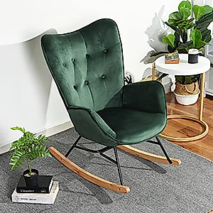 FurnitureR Rocking Wooden and Metal Rocker Glider, Scandinavian Fabric Armchair Comfy Side Living Room Bedroom Studio Leisure Office Accent Chair, Green