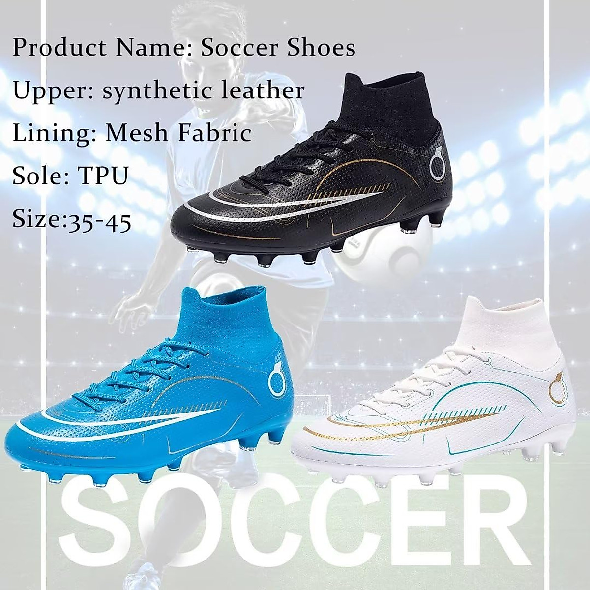 Men's Soccer Cleats Turf Football Boots with High-Top Spikes Ankle Support Professional FG/TF Athletic Shoes