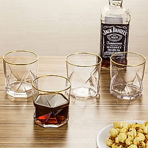 MyGift Set of 4 Clear Glass Old Fashioned Whiskey Tumblers with Prismatic Geometric Shape Design and Gold Rim - 11 oz