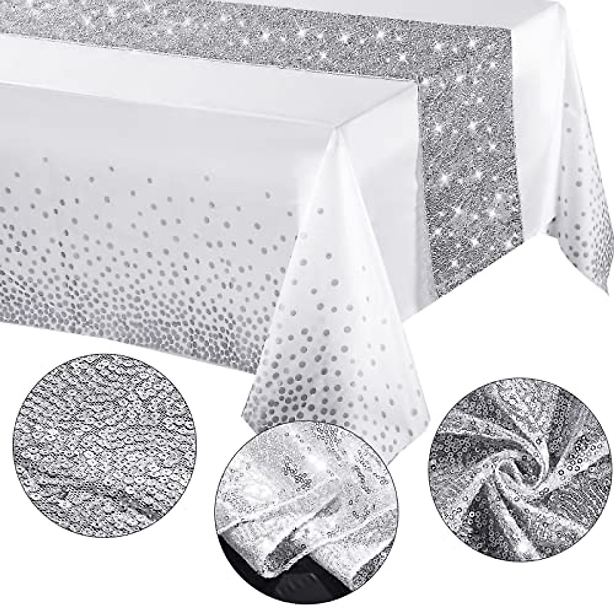 Tablecloth and Sequin Table Runner Set Polka Dots Confetti Table Cover Dining Plastic Table Cloths Glitter Decorations for Birthday Wedding Anniversary Party Supplies (White, Silver, 2 Pcs)