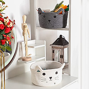 Cat Basket Storage Woven Basket Organizer with Ears Decorative Pet Toy Cute Basket Cotton Rope Basket for Gifts Cat Dog Toy Bin Nursery Room Kids Toy (Gray, 8.3 x 4.7 Inch)