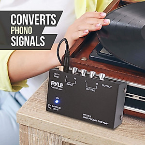 Pyle Phono Turntable Preamp - Mini Electronic Audio Stereo Phonograph Preamplifier with 9V Battery Compartment, Separate DC 12V Power Adapter, RCA Input, RCA Output & Low Noise Operation (PP555) BLACK