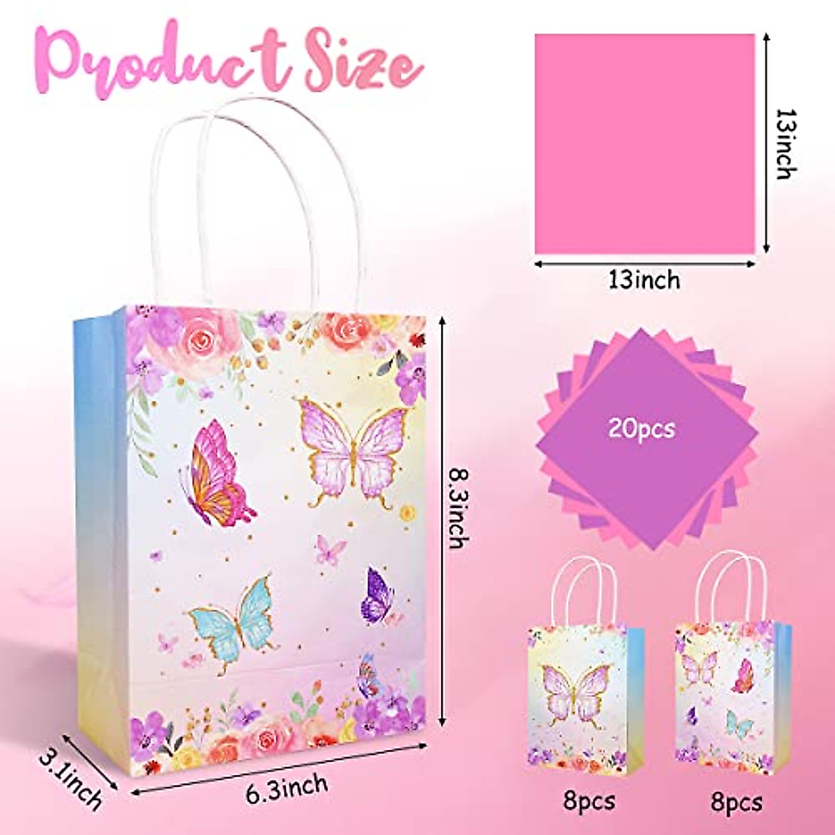 16 PCS Butterfly Party Gift Bag Favors Bags with Tissue Paper Goodie Paper Bags Pink and Purple Flowers Candy Paper Bags with Handles for Kids Girl Birthday Party Decor Baby Shower(8.2" x 5.9" x 3.1")