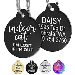 GoTags Cat Tags Personalized Small, Indoor Cat Tag Engraved with 4 Lines of Custom ID for Collars, I'm Lost If I'm Out Cat Name Tags, Anodized Aluminum Pet ID Tag, Round