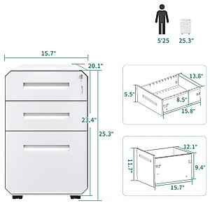 YITAHOME 3-Drawer Filing Cabinet Office Drawers with Lock, Divider and Pencil Tray, Portable Metal File Cabinet, Pre-Built Office Storage Cabinet (White)