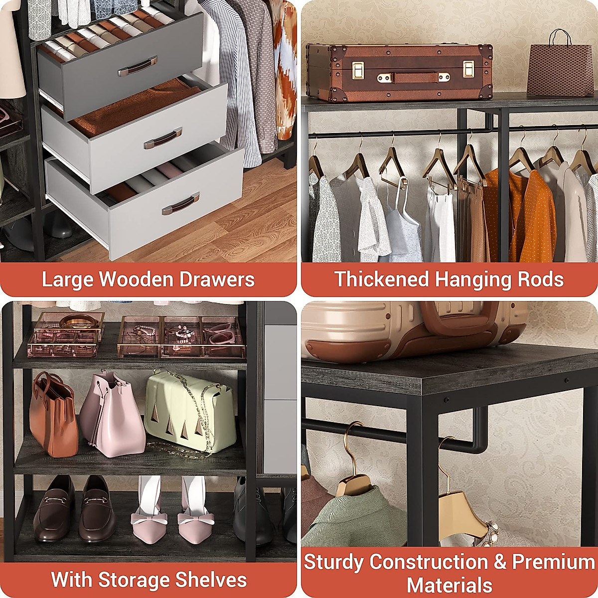 Aheaplus Wood Clothes Rack Wardrobe Closet for Hanging Clothes Heavy Duty Garment Rack, Large Corner L Shaped Closet System Organizer Walk-in Closet for Bedroom with 3 Wood Drawers,-S1, White and Grey