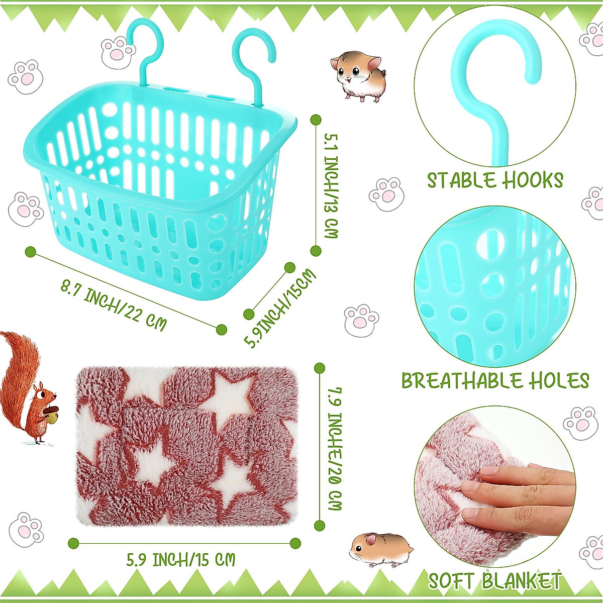 Geetery 5 Set Rat Hammock for Cage Chew Proof Rat Toys Warm Bed, Small Animal Hanging Basket Ferret Cage Accessories and Habitats Removable Nest Mat for Hamster, Sugar Glider, Hedgehog (Paw, Star)
