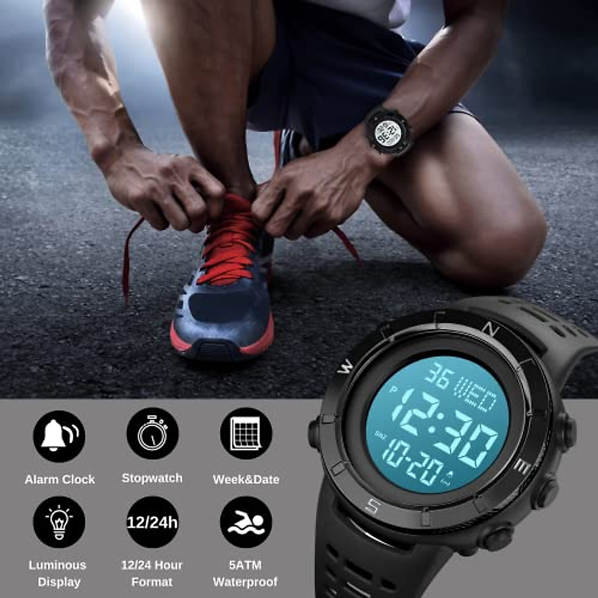 CakCity Sports Watch Men with Large Face 50M Waterproof Watch for Men Digital Watch Outdoor Sports Watches for Men Unisex,Black