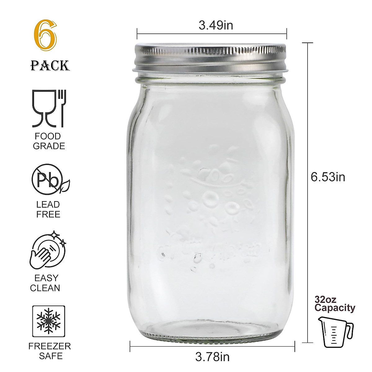 Flrolove Mason Jars,32 OZ Canning Jars with Lids,Glass Jars with Airtight Lid,Mouth Mason Jars 6 Pack for Food Storage,Overnight Oats,Dry Food,Snacks,Candies,Jam,Honey,Jelly