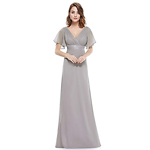 Ever-Pretty Women's Classic Chiffon Short Sleeve Pleated V-Neck Floor Length Bridesmaid Dresses Grey US14