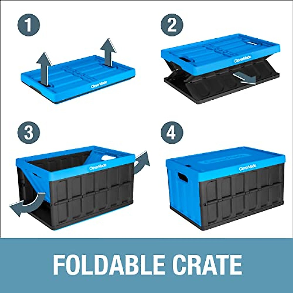 CleverMade 62L Collapsible Storage Bins with Lids - Folding Plastic Stackable Utility Crates, Solid Wall CleverCrates, 3 Pack, Charcoal (8034119-1533PK)