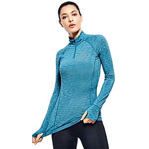 Zengjo Long Sleeve Running Shirts Women Half Zip Thumb Holes(Blue/Grey,S)