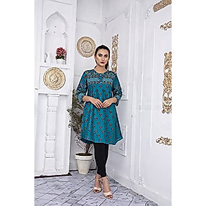 IshDeena Pakistani Kurtis for women Indian Style Cotton Tunics Womens Tops Printed Lawn (Small, Teal)