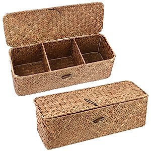 Lnrueg 2 PCS Woven Basket with Lid Seagrass Tank Toilet Roll Storage Narrow Thin Basket with 3 Sections Rectangular for Organizing 12.6L x 4.7W x 4.1H Inch