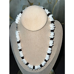 Native Treasure 16" Mens and Womens Summer Beach Surfer Necklace From the Philippines, White Rose Clam Chips Ark Shells with Real Black Clam Chips Accents